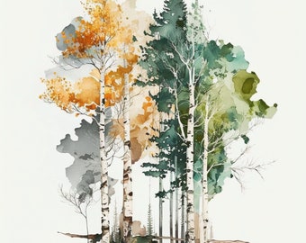Digital Watercolor Birch Tree Paintings, Digital Print, Instant ...