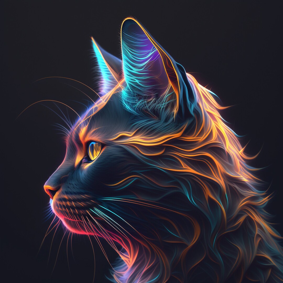 Eye-catching Digitally Created Neon Cat Print., Digital Print, Instant ...
