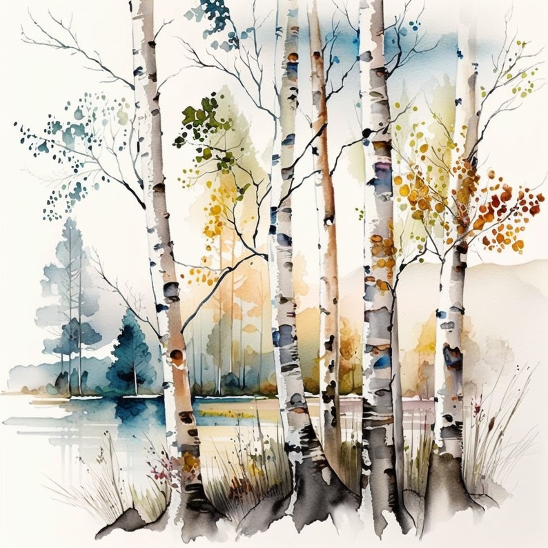 Digital Watercolor Birch Tree Paintings, Digital Print, Instant ...