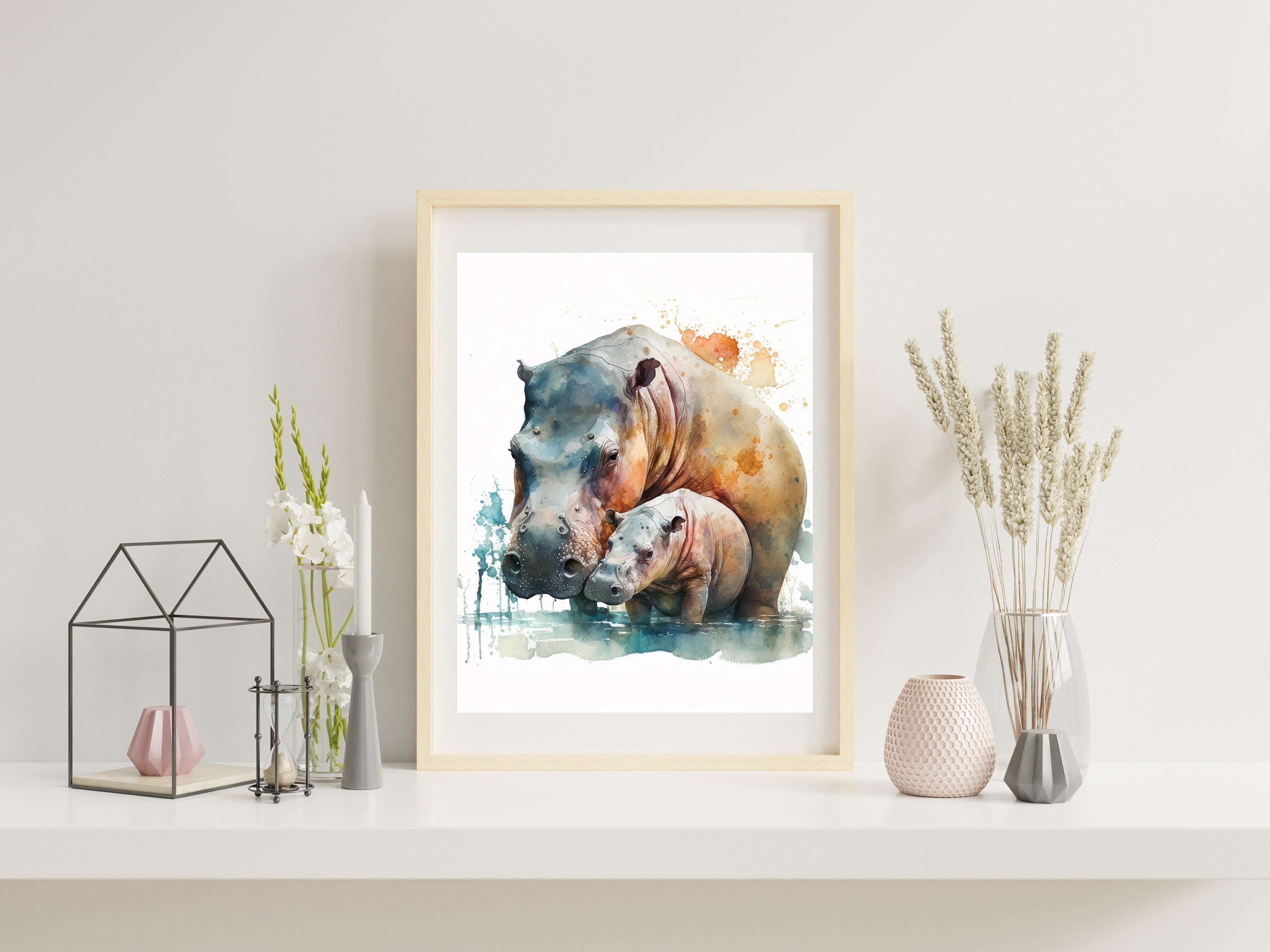Watercolor Digital Hippo Print., Digital Print, Instant Download ...