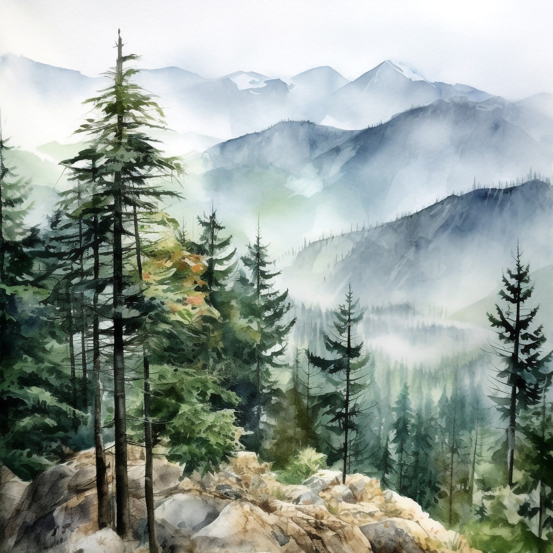 Digital Watercolor Mountain Scene Digital Print, Instant Download ...