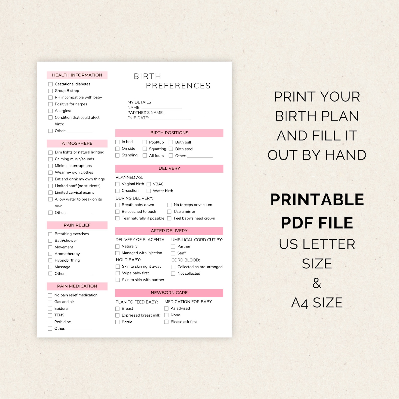 Editable Birth Plan Template for Canva | Pink Printable Birthing Plan ...