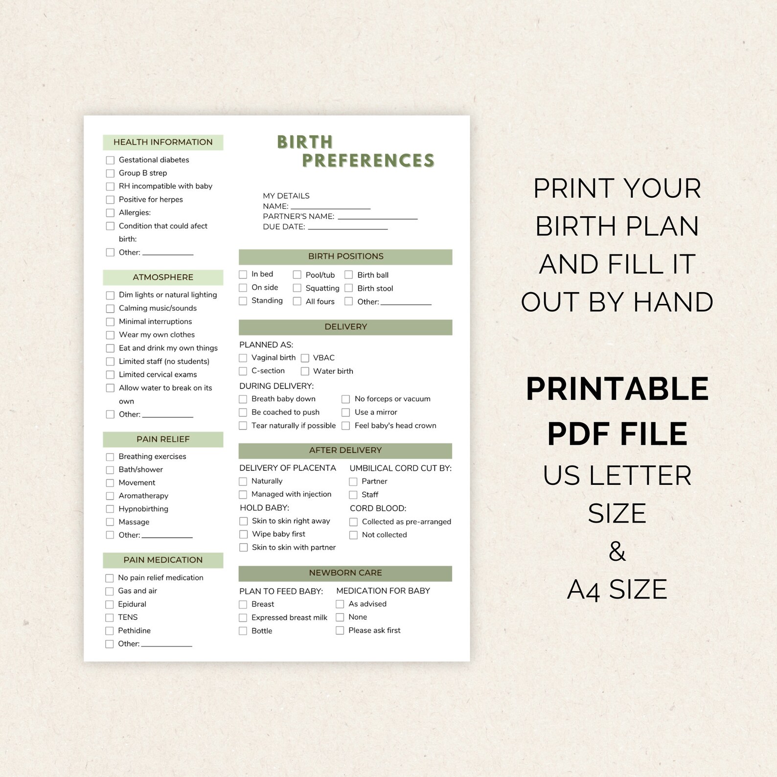 Editable Birth Plan Template for Canva | Printable Birthing Plan ...
