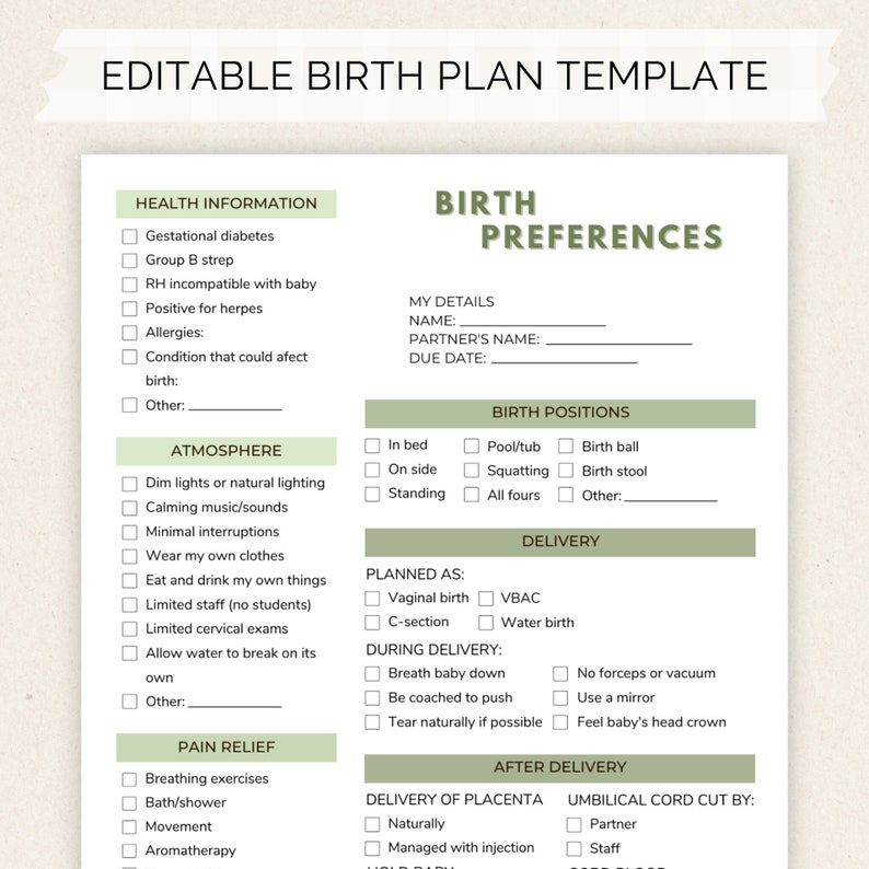 Editable Birth Plan Template for Canva | Printable Birthing Plan ...