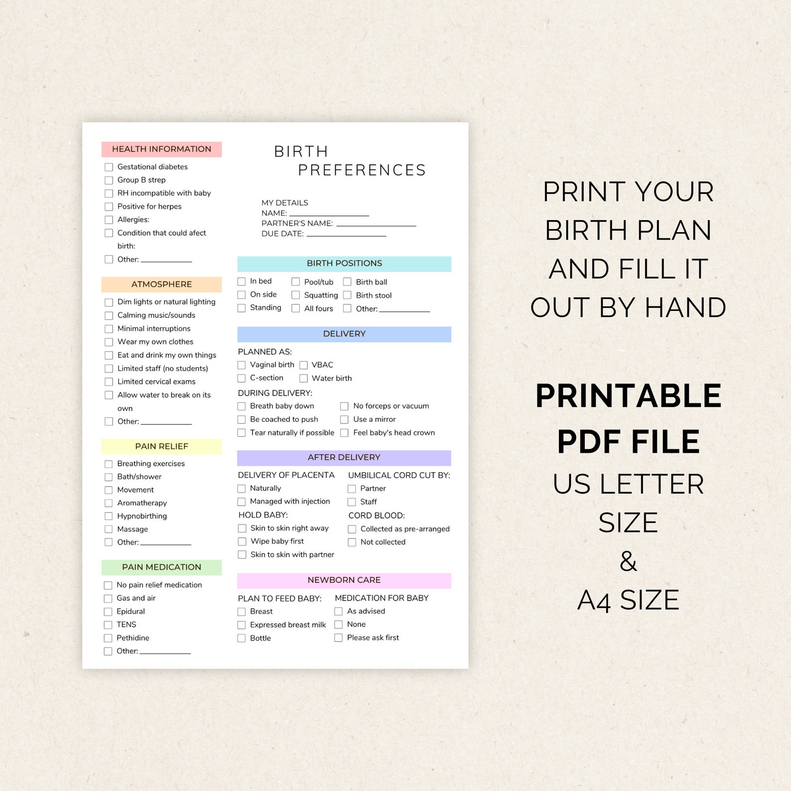 Printable Birth Plan Template: Colorful Pastel Design (editable Canva ...
