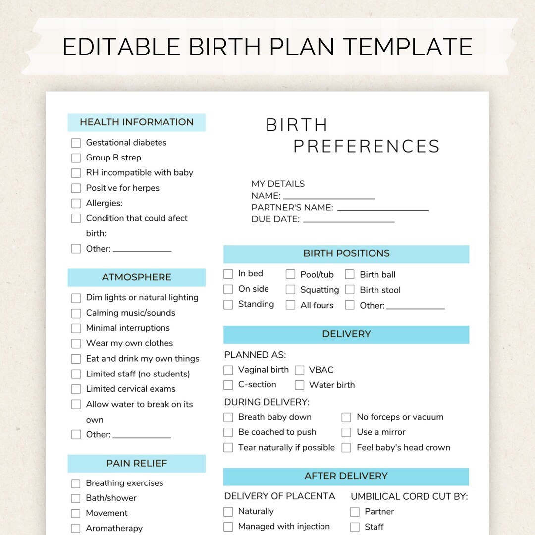 Editable Birth Plan Template for Canva | Printable Birthing Plan | Blue ...