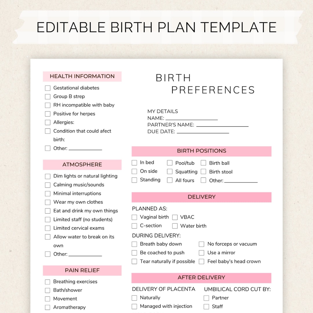 Editable Birth Plan Template for Canva | Pink Printable Birthing Plan ...