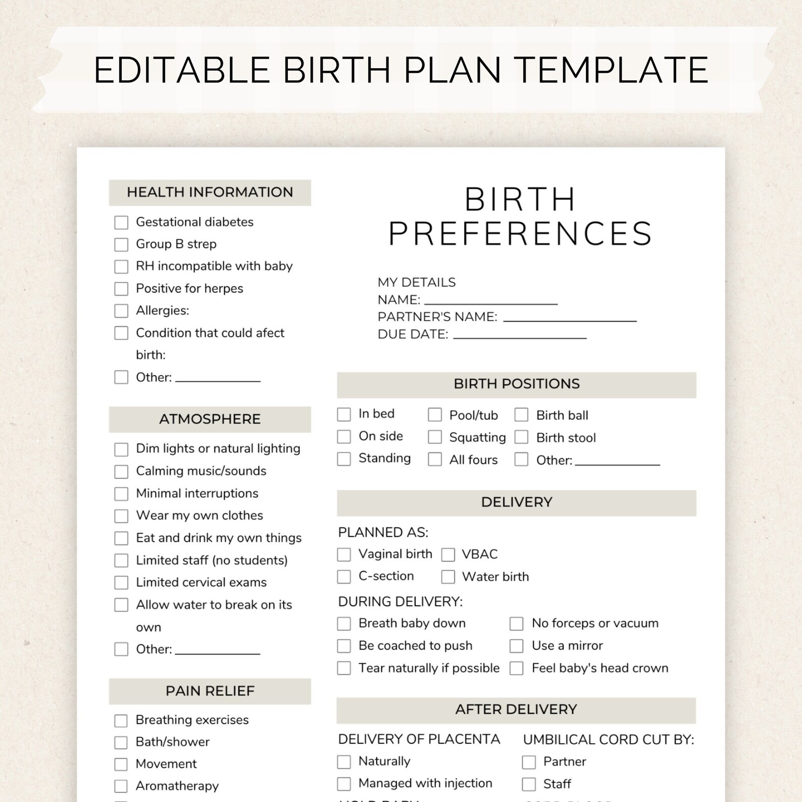 Editable Birthplan Template for Canva | Printable Birthing Plan ...