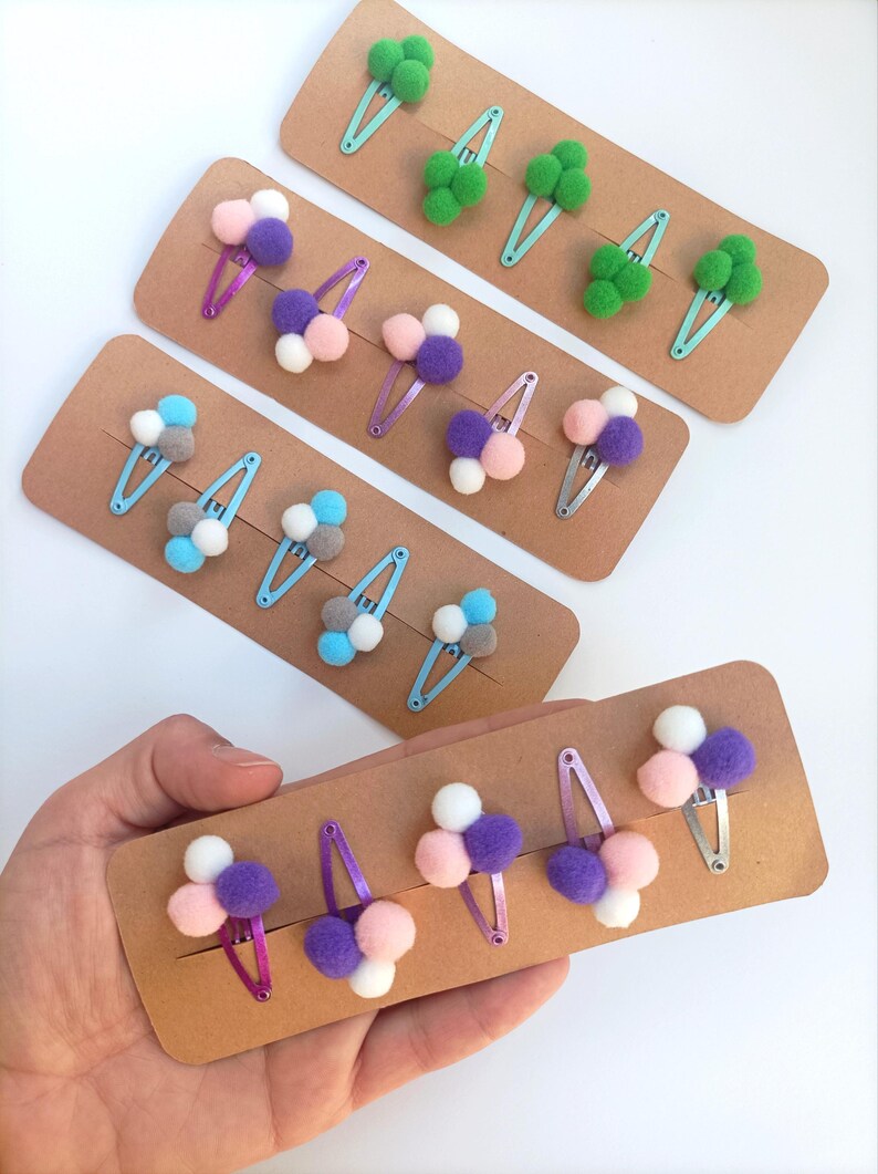 Colorful Pompom Hair Clips | Girl Accessories, 5 Pack - Etsy