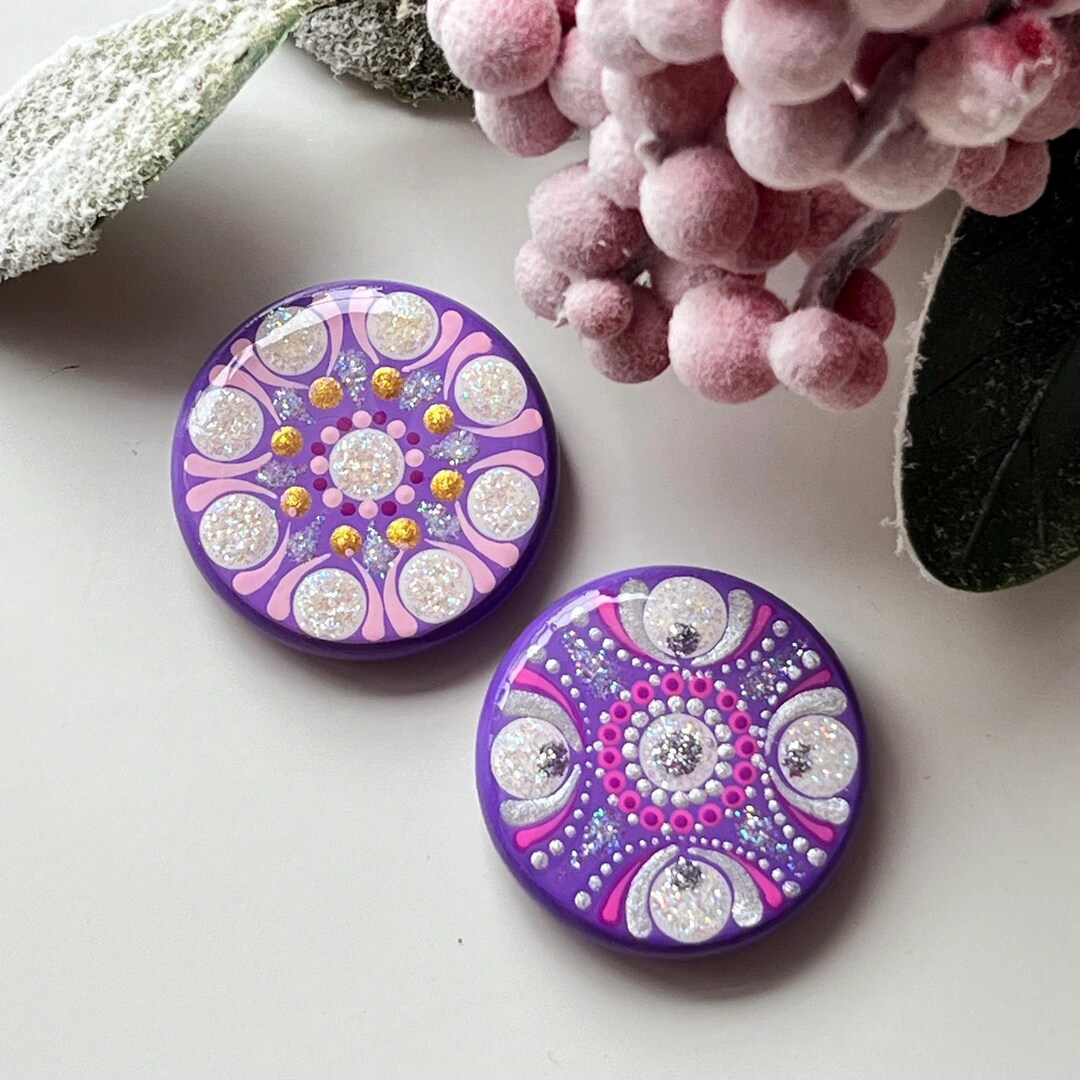 Dot Art Mandala Pink Purple White Fridge Magnets Set of 2 Hand Painted Valentine Magnets Gift ...