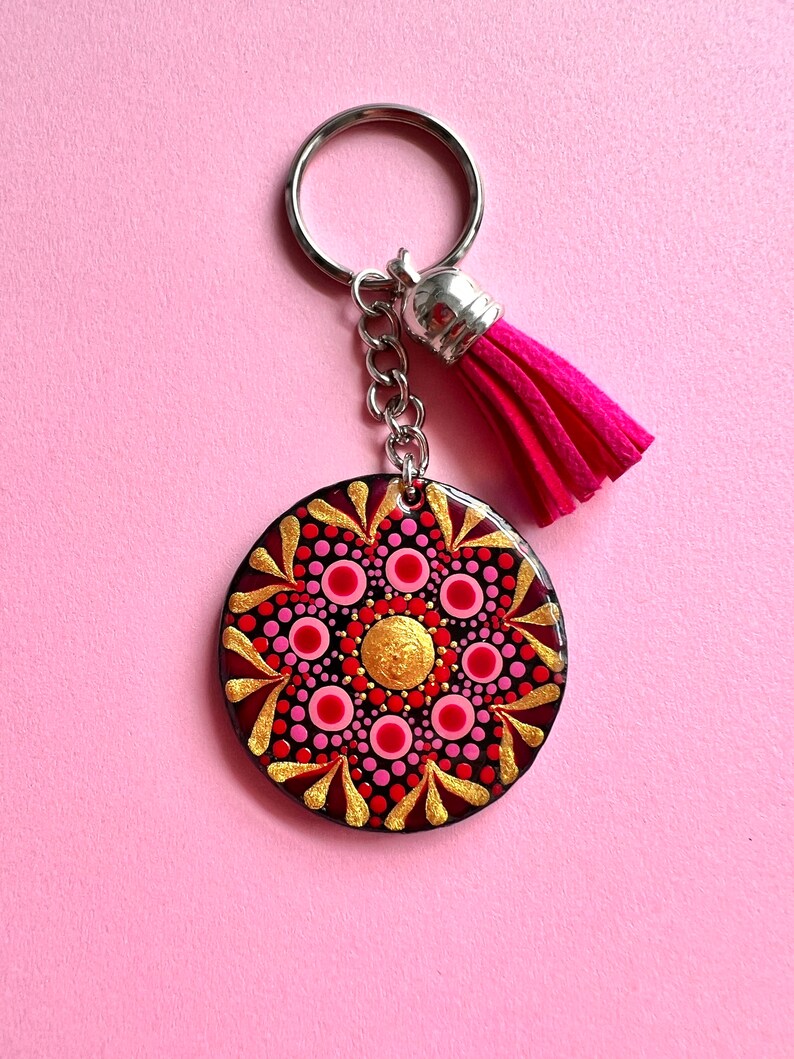 Dot Mandala Dot Art Keychain With a Tassel, Hand Painted Double Sided ...