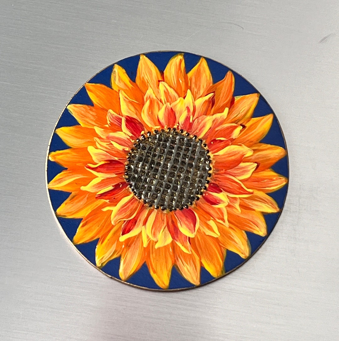 Sunflower Magnet, Floral Art Hand Painted Fridge Magnet, Wooden Kitchen ...