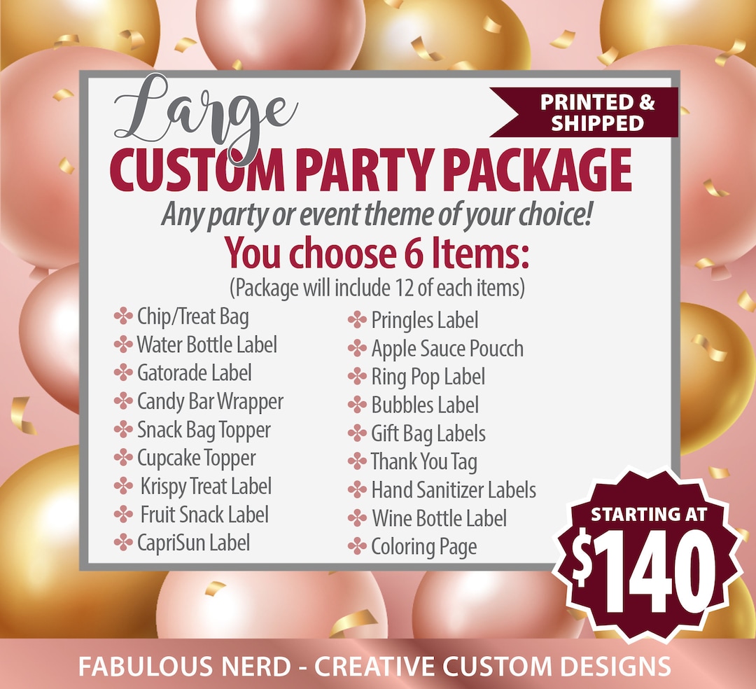 Large Custom Party Favor Package Bundle Printed & Shipped 6 Items - Etsy