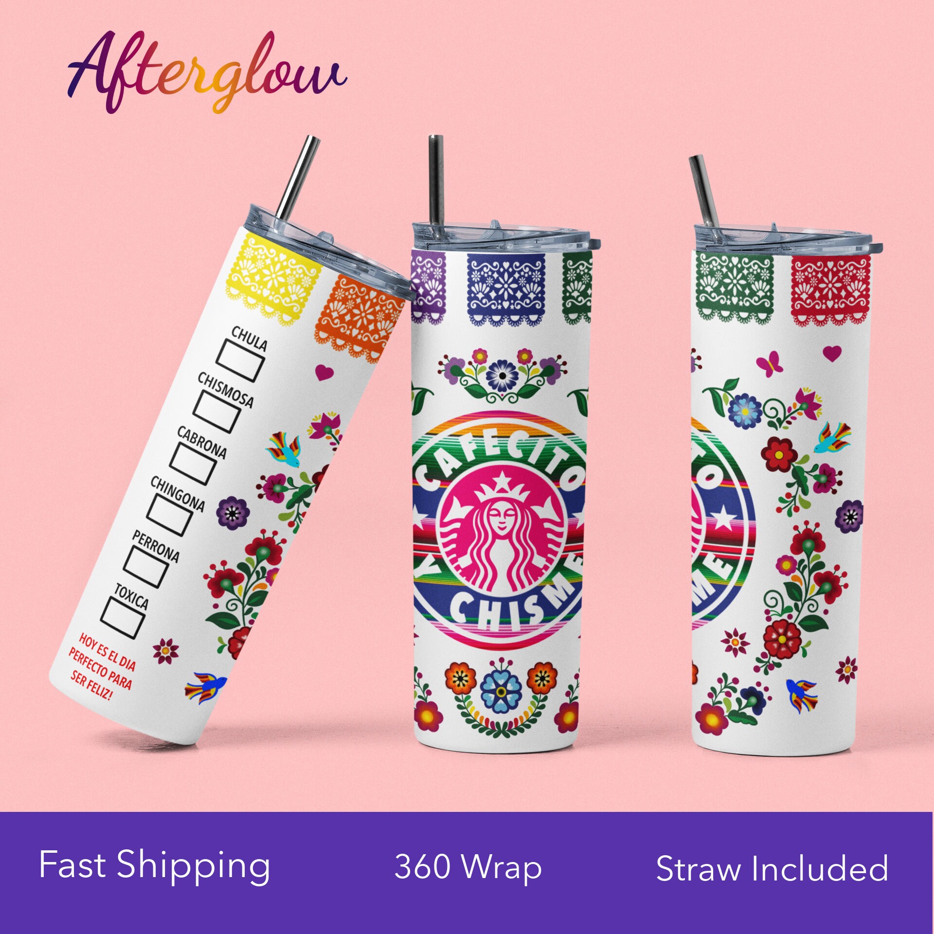 Cafecito Y Chisme 20oz Skinny Tumbler, Colorful Mexican Theme ...
