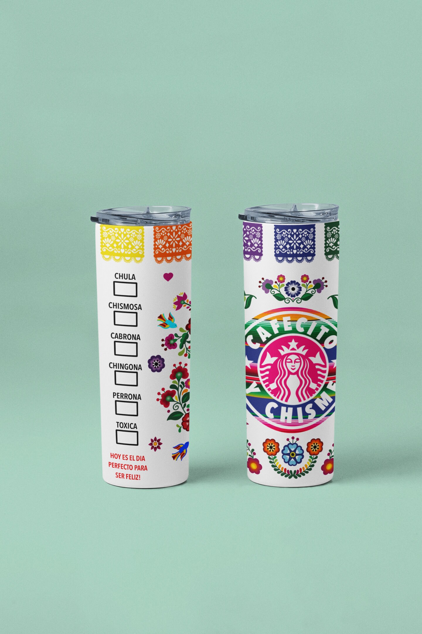 Cafecito Y Chisme 20oz Skinny Tumbler, Colorful Mexican Theme ...