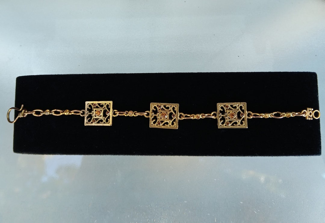 Gold Bracelet With Filigree Rectangles With Brown Rhinestones - Etsy