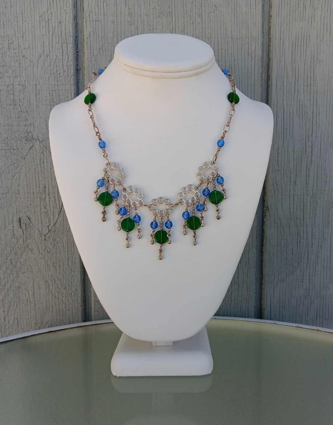 Silver Open Circle Ovals With Green & Blue Glass Beads and Silver ...