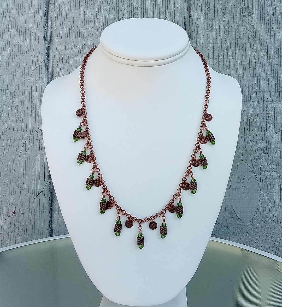 20” Antique Copper Flat Rolo Chain With Antique Copper and Green Glass ...