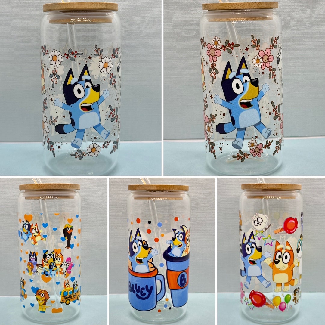 Blue Heeler Puppy Bluey Bingo 16 Oz Glass Can Tumbler Libbey Glass Cup ...