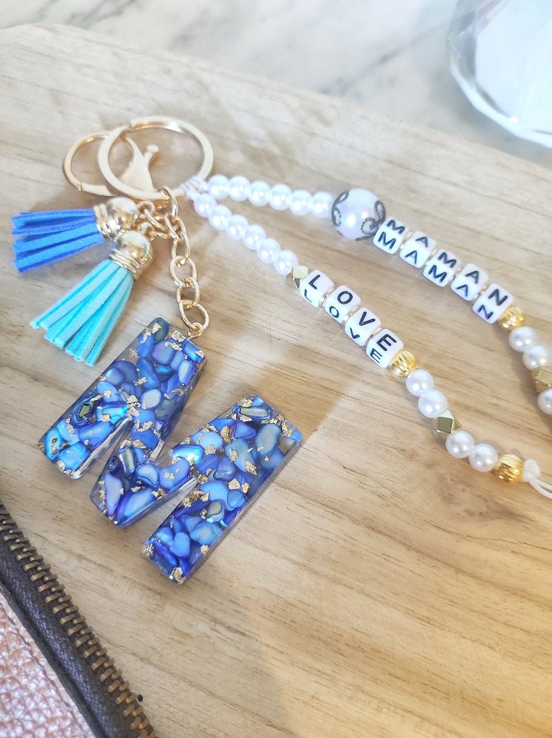 Resin Letter Key Ring in Azure Blue, Gold and White - Etsy