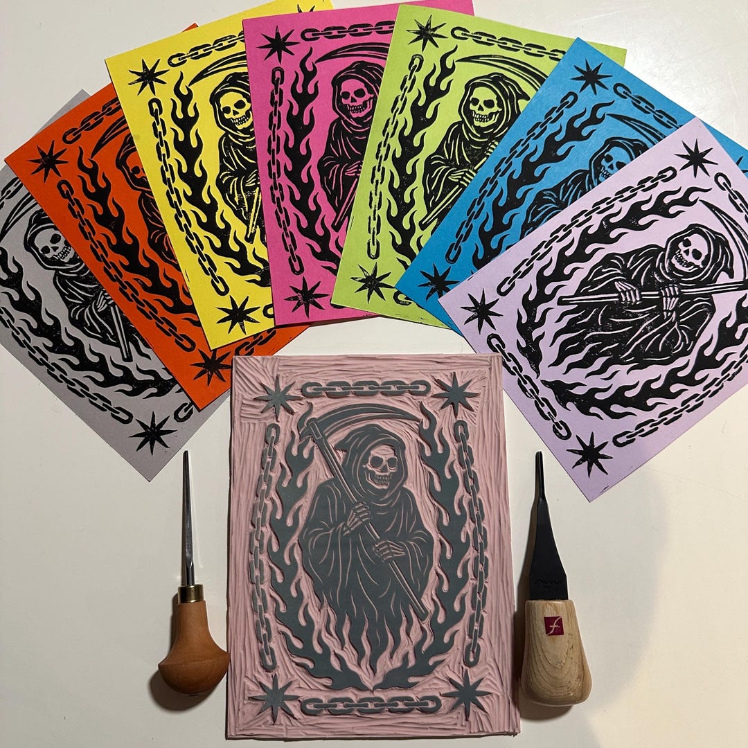 Grim Reaper Linocut Block Print - Etsy
