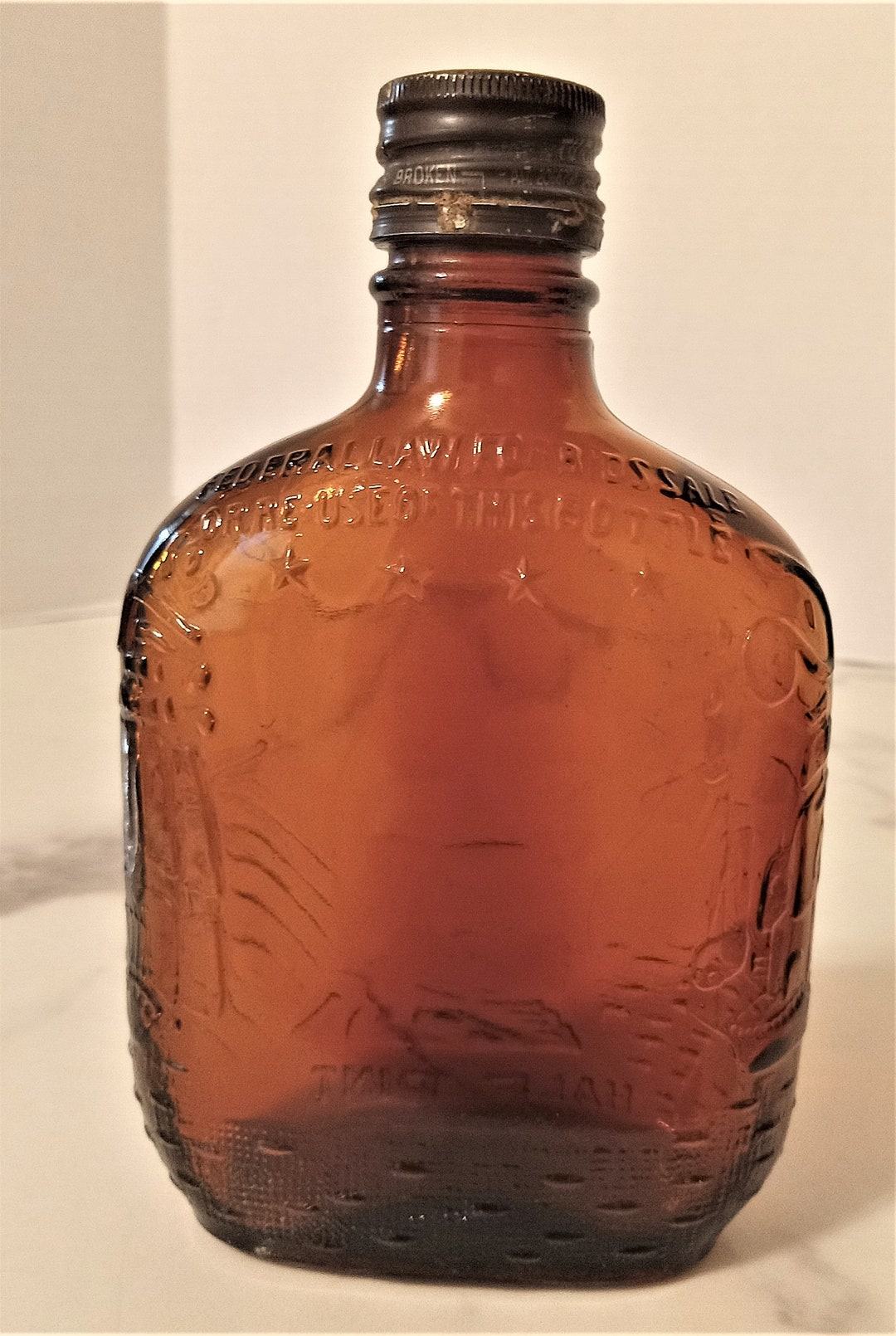 Old Quaker Whiskey Embossed Amber Glass Bottle Flask - Brown - Etsy