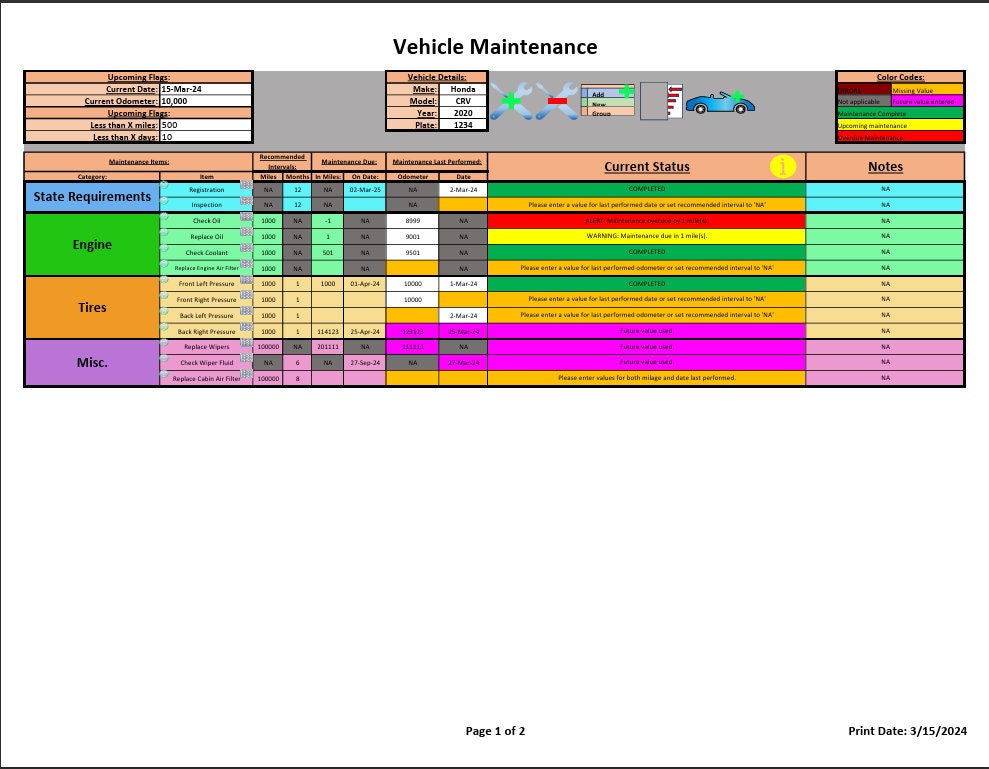 Multi-vehicle Maintenance V13.0, Excel Spreadsheet, Automated ...