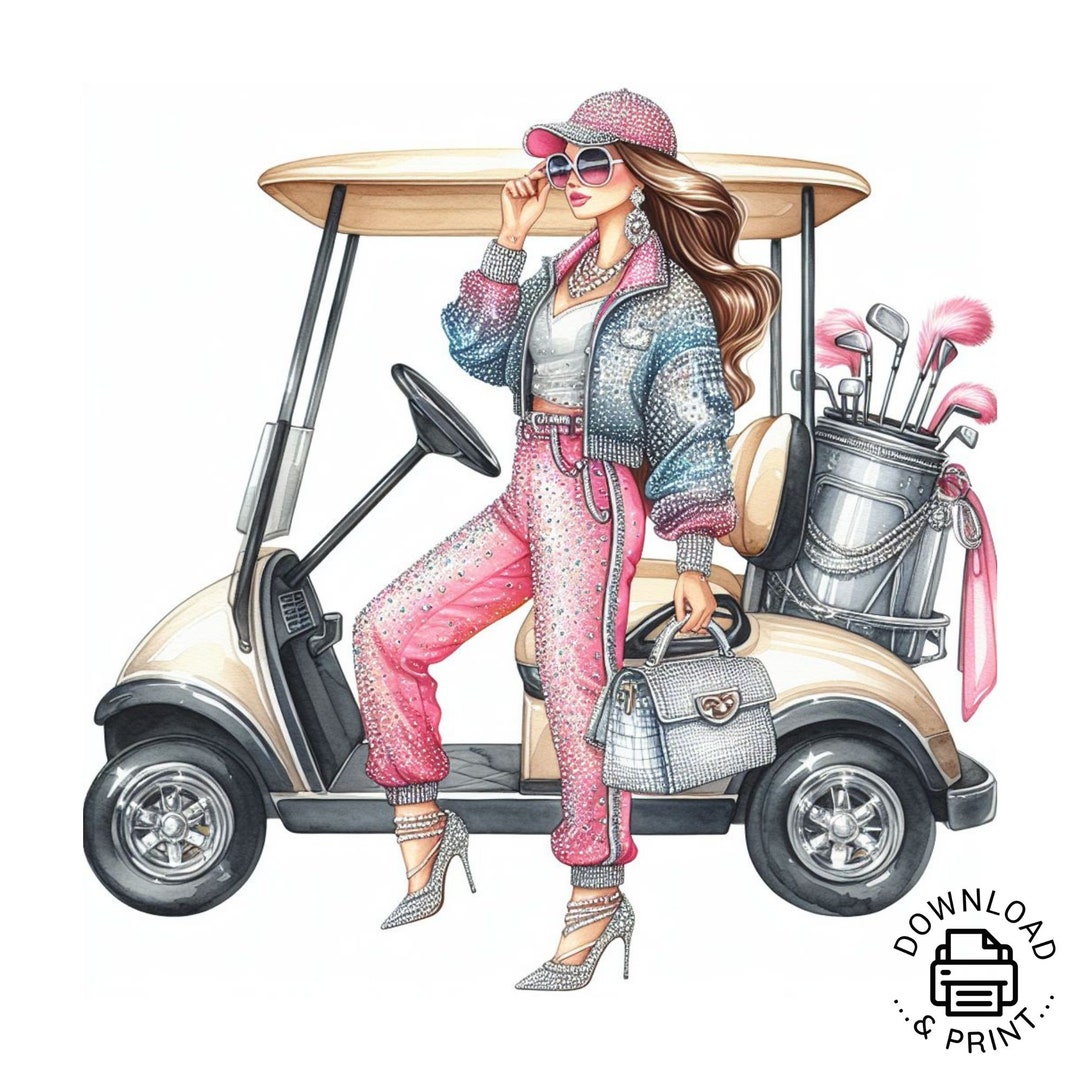 Fashion Girl in Golf Cart Clipart, Chic on the Course PNG, Golf Cart ...