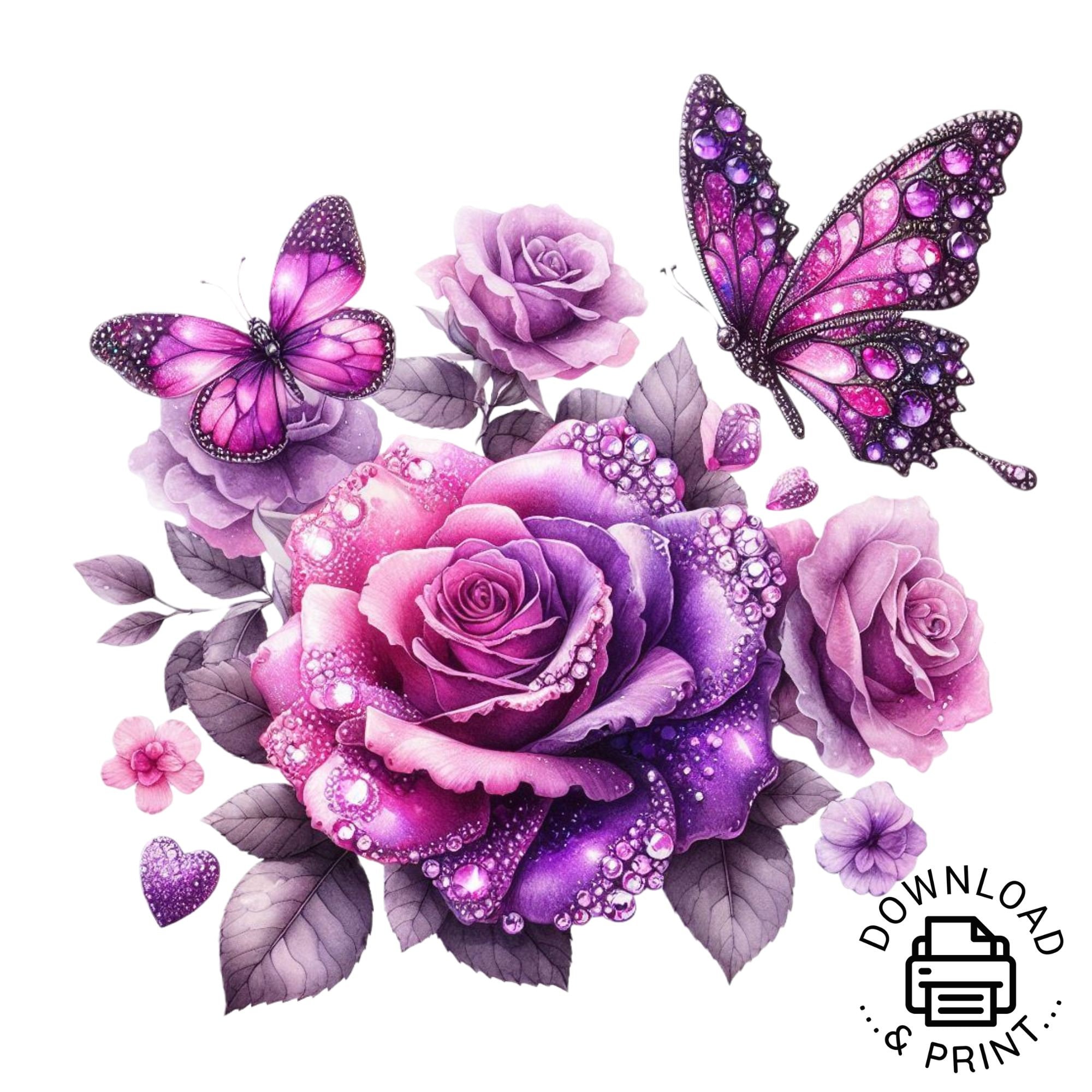 Sparkly Butterfly and Rose Clipart, Watercolor Purple Crystal Rose ...
