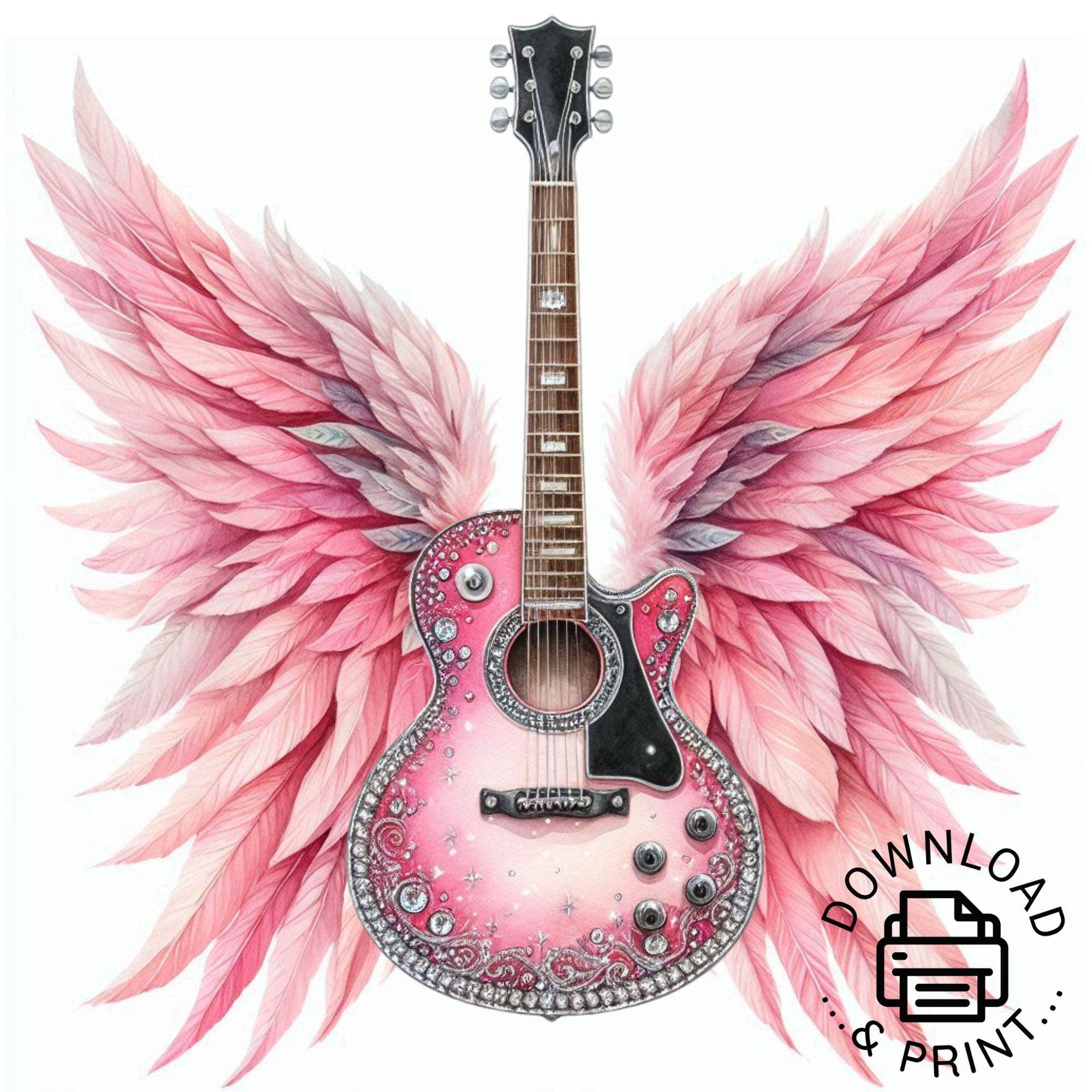 Watercolor Pink Guitar Angel Wings Clipart I Guitar Angel PNG I Digital ...