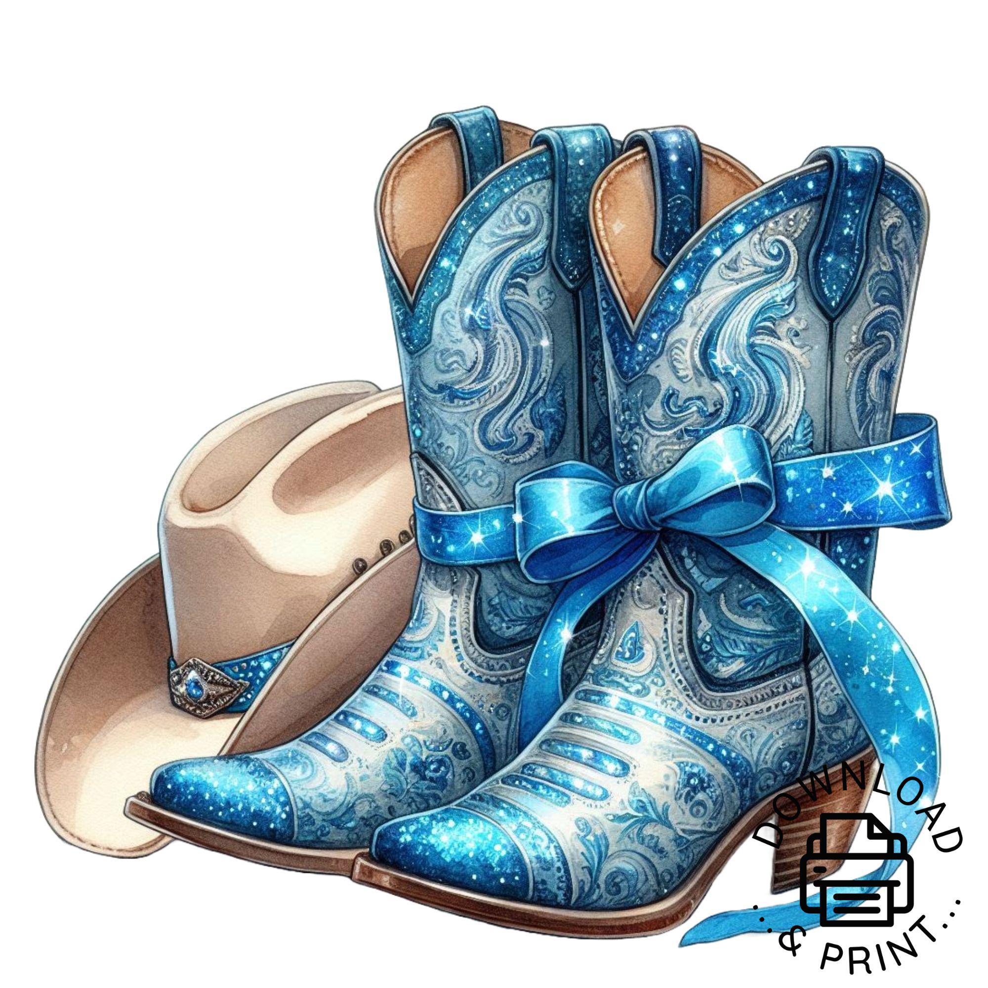 Western Cowgirl Boots Ribbon Clipart, Boho Blue Ribbon Western Boots ...