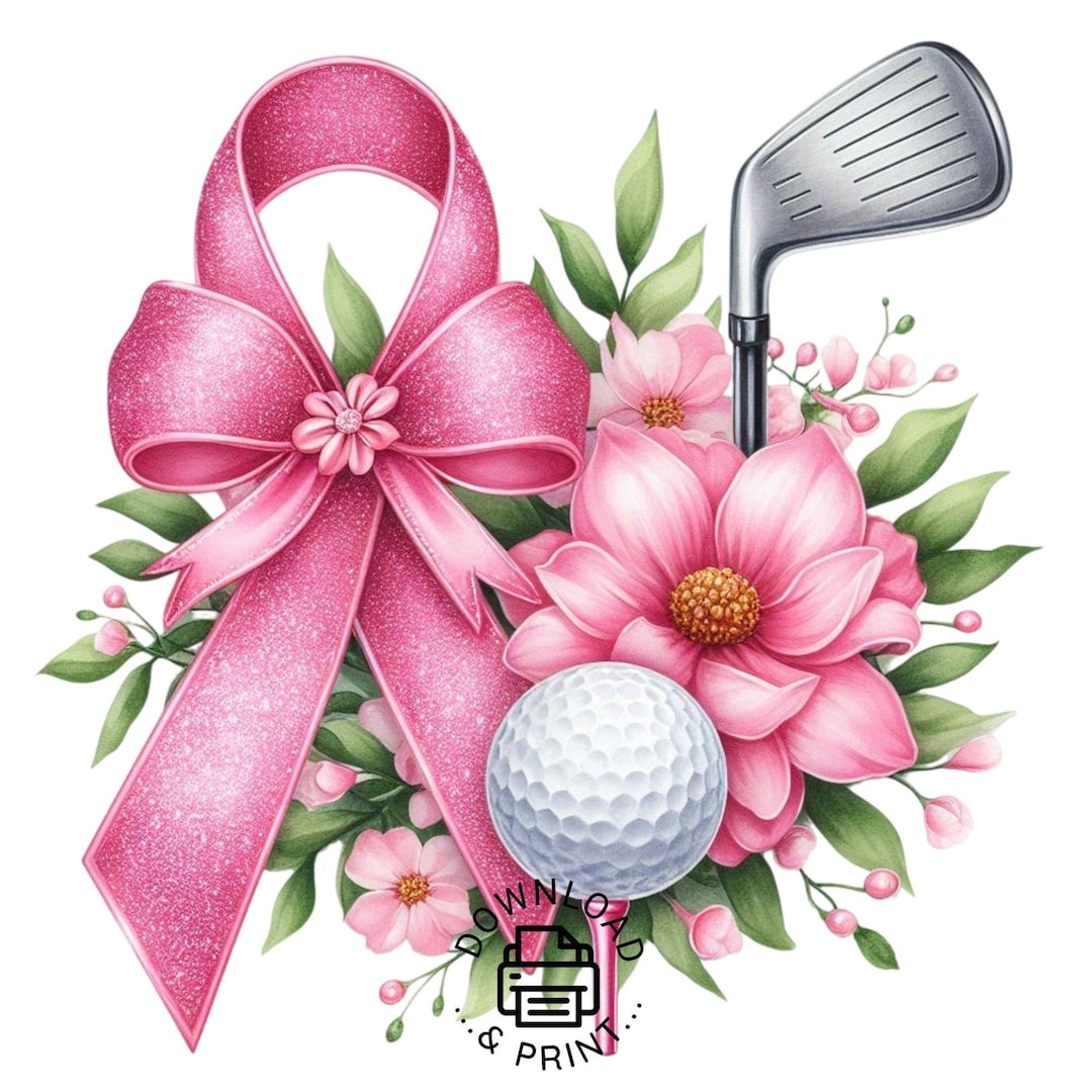 Breast Cancer Golf Clipart, Watercolor Pink Ribbon Golf Club and Golf ...