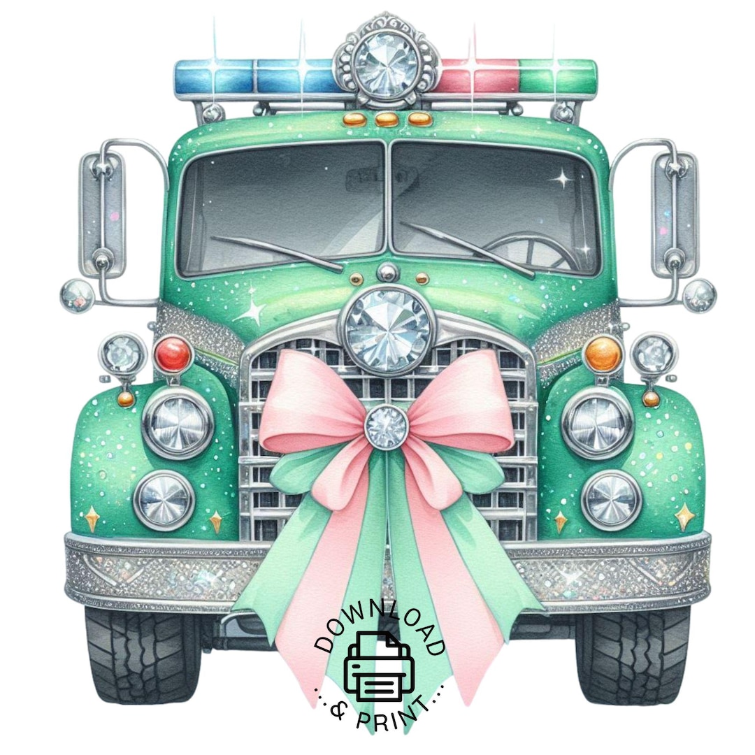 Watercolor Green Fire Truck With Ribbon Clipart PNG, Instant Download ...