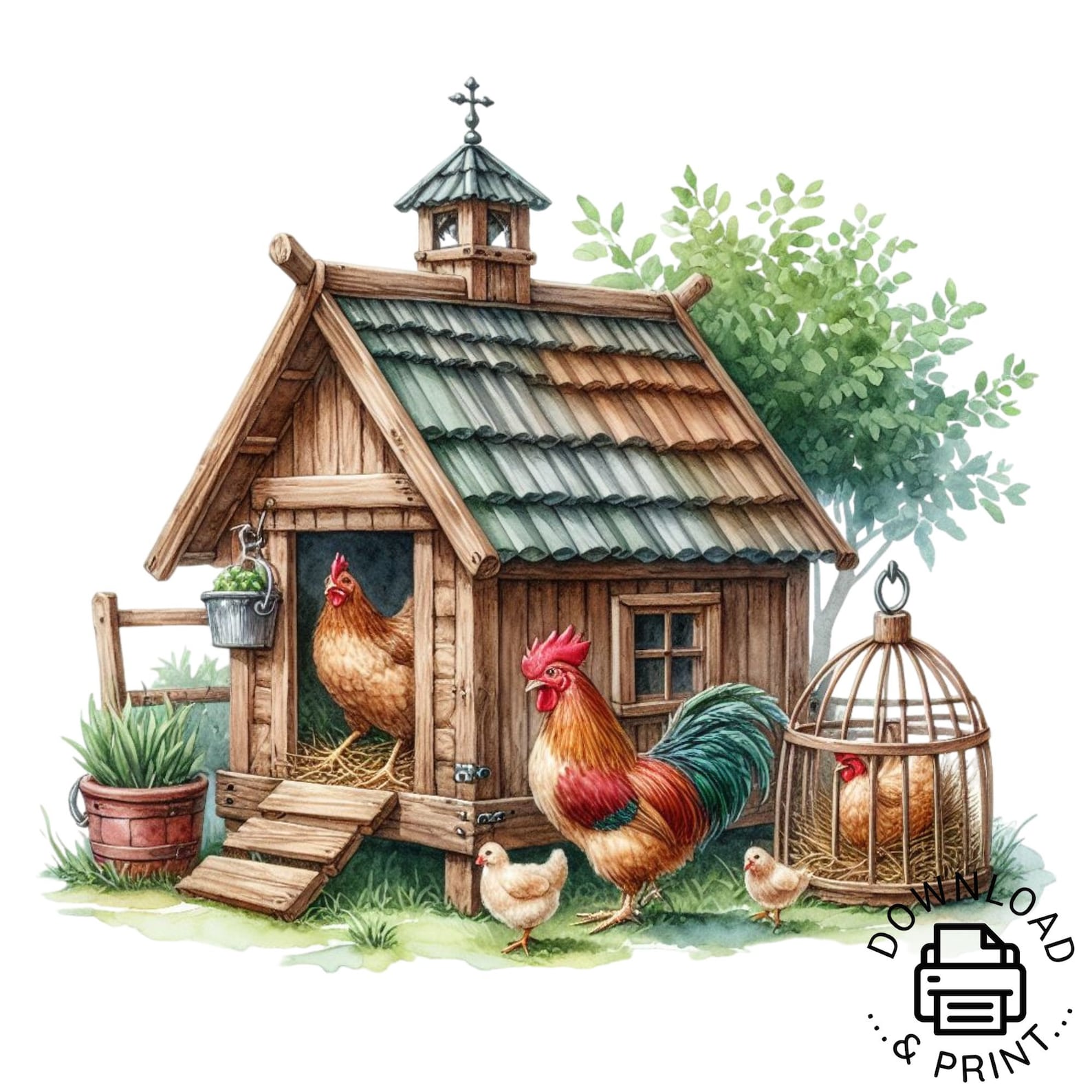 Watercolor Chicken Coop Clipart, Chicken Coop Farm Farmer PNG File ...