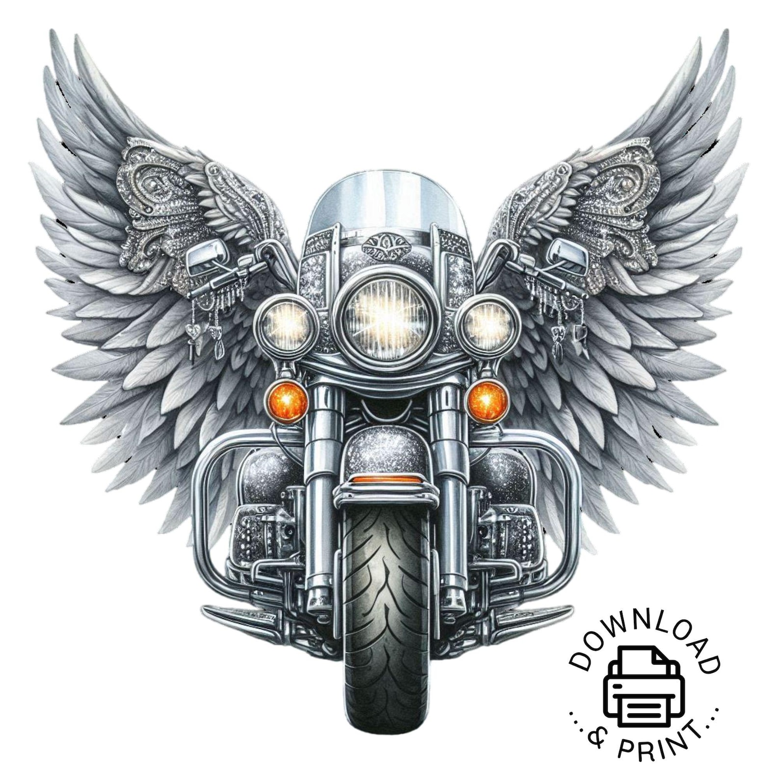 Watercolor Motorcycle Angel Wings Clipart, Grey Angel Wings Motorcycle ...