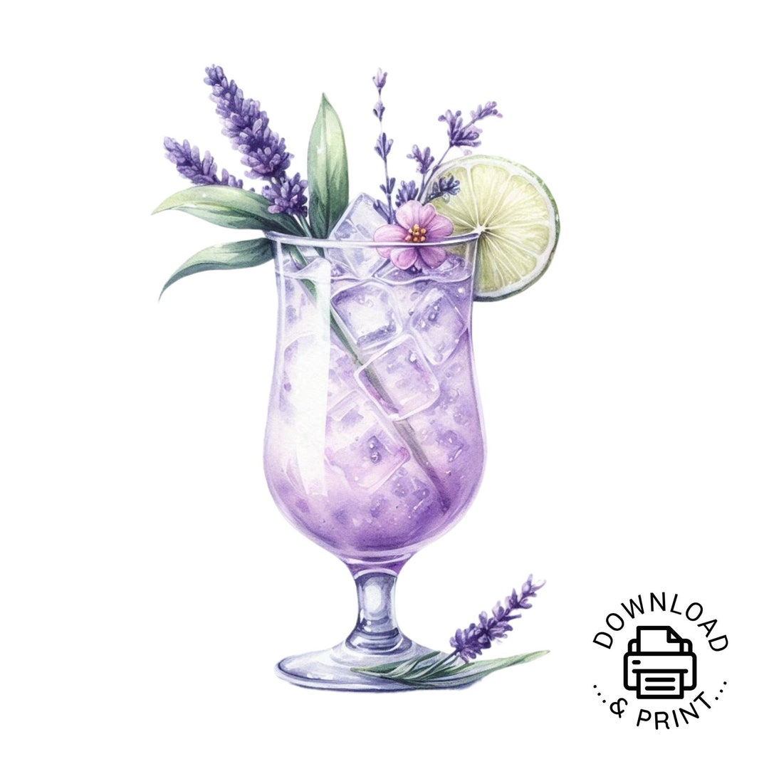 Lavender Lemon Cocktail, Watercolor Fruit Cocktail Graphic Illustration ...