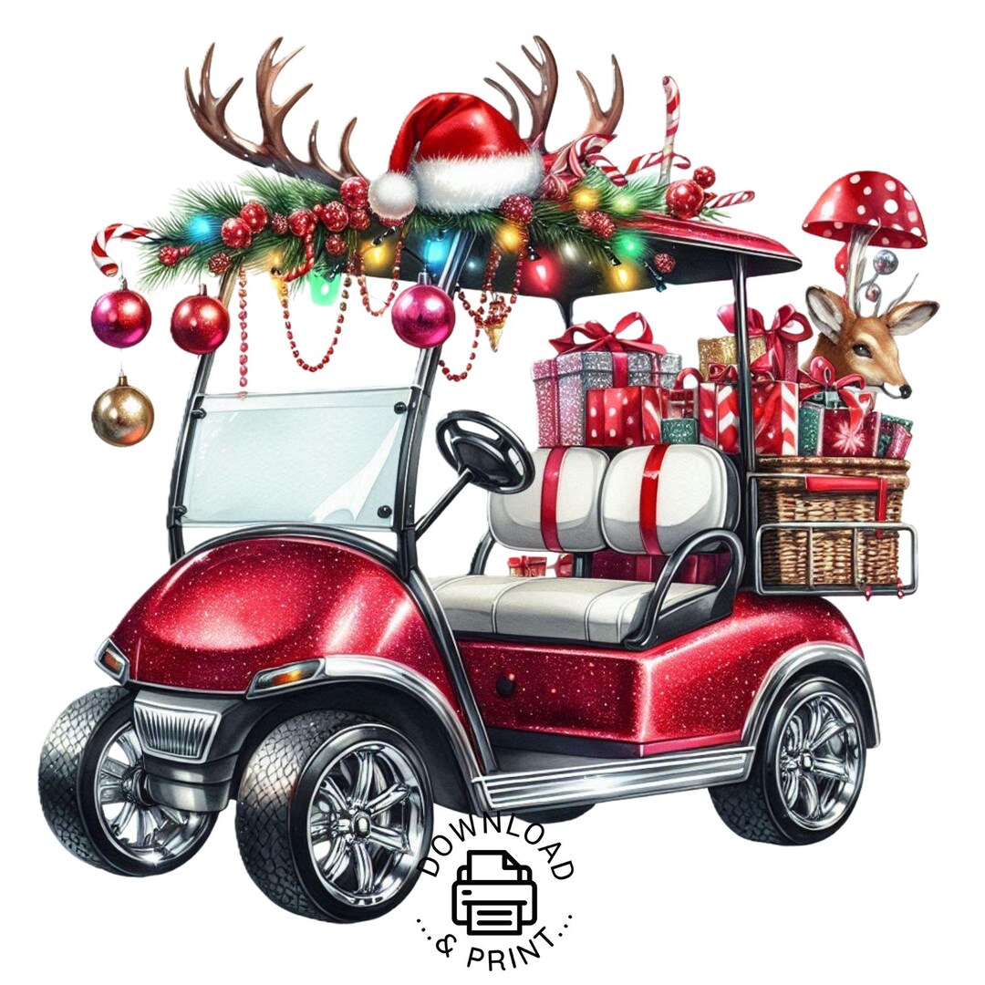Watercolor Christmas Golf Cart Clipart, Red Golf Cart Clipart, Golfer ...