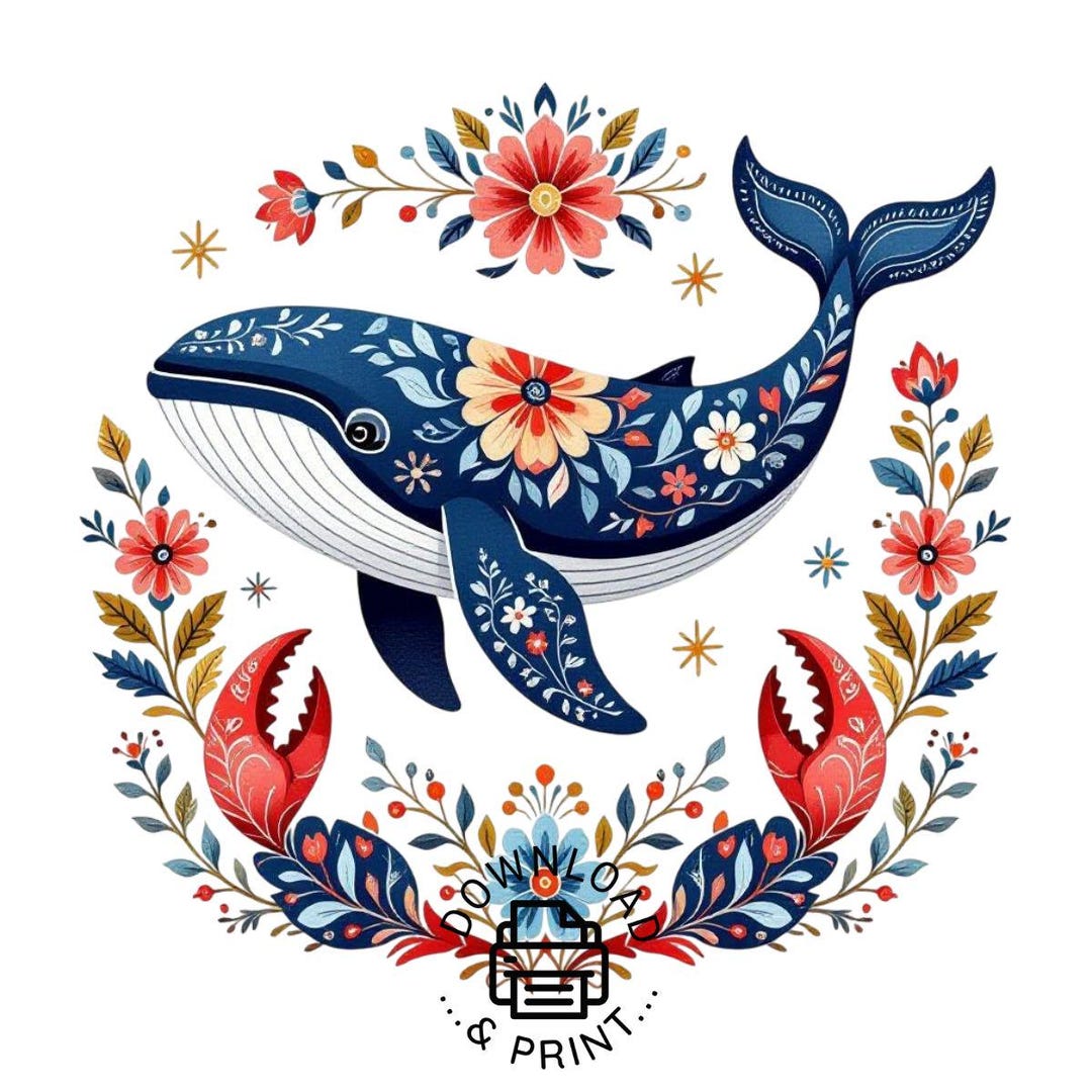 Floral Whale Wall Art Print – Folk Art Ocean Animal Illustration ...