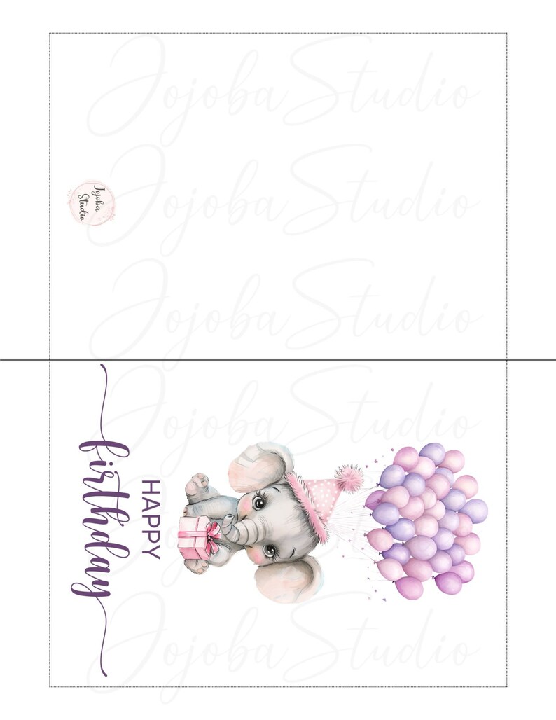 Printable Card, Happy Birthday Card, Pink Baby Elephant Birthday Card ...