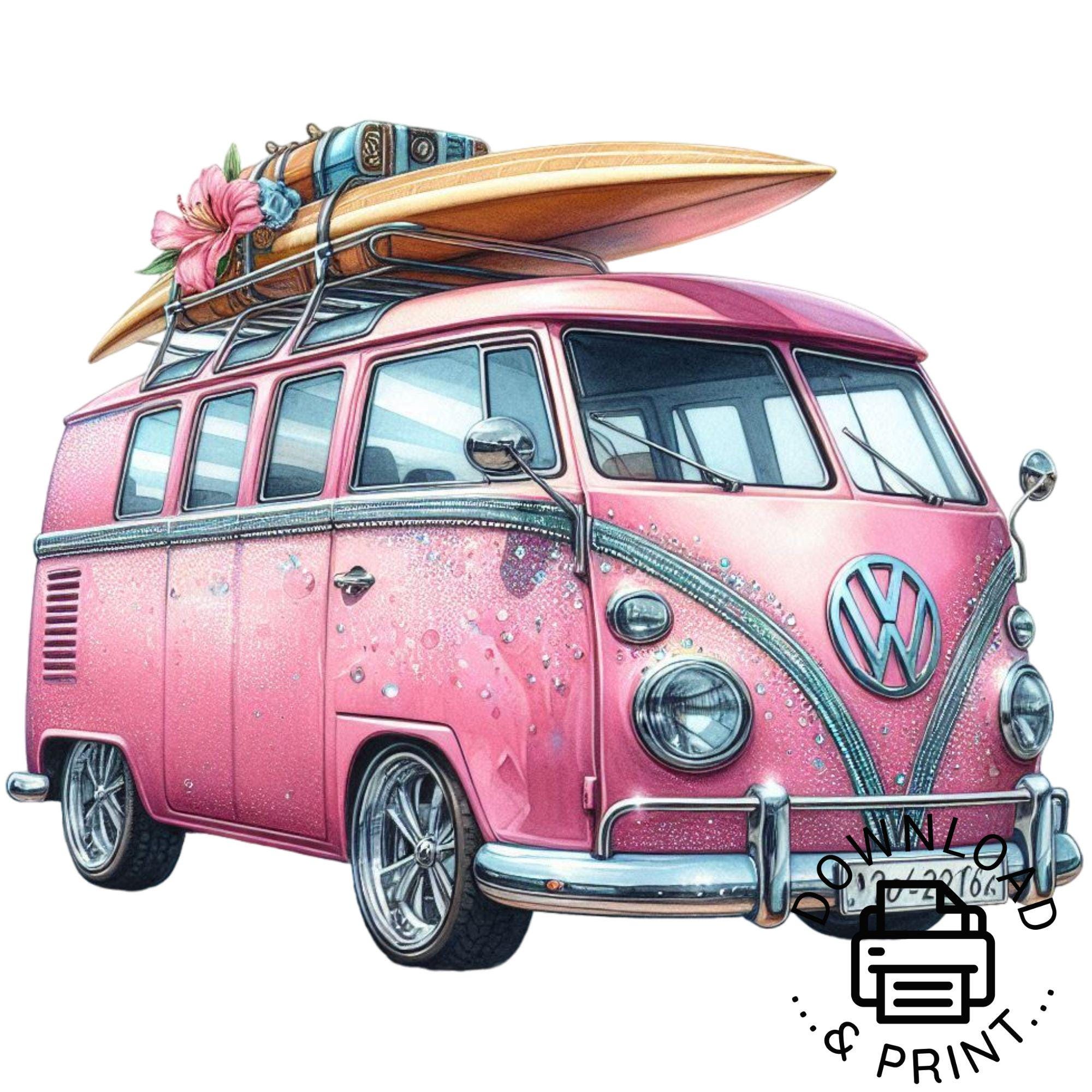 Pink Vintage Van Clipart, Watercolor Van PNG, Golf Art Print, Retro Car ...