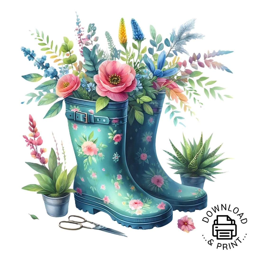 Rainboots Clipart, Watercolor Garden Rainboots With Spring Flowers ...