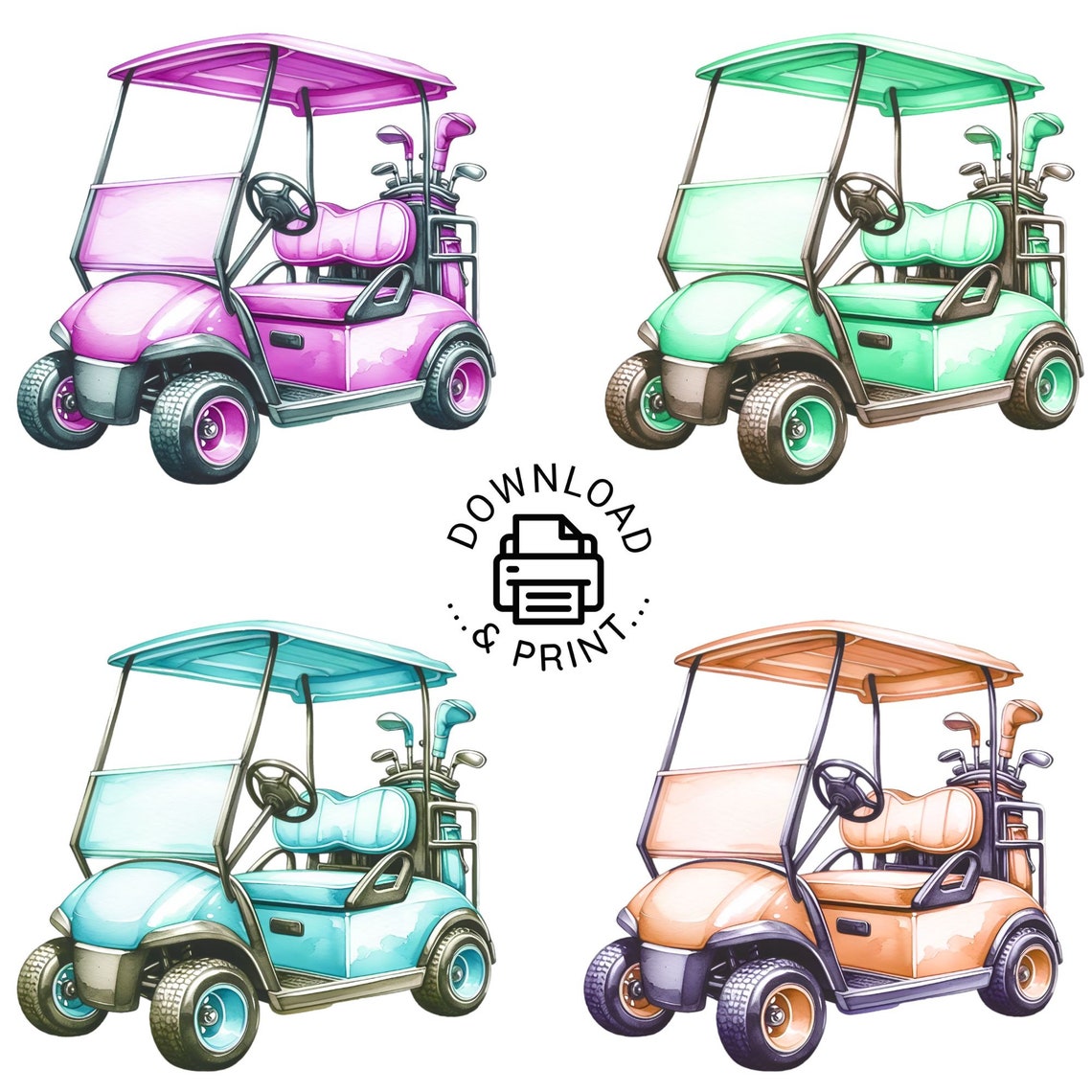 Golf Cart Clipart, 4 Colors Golf Cart Sports Clipart, Golfer PNG ...