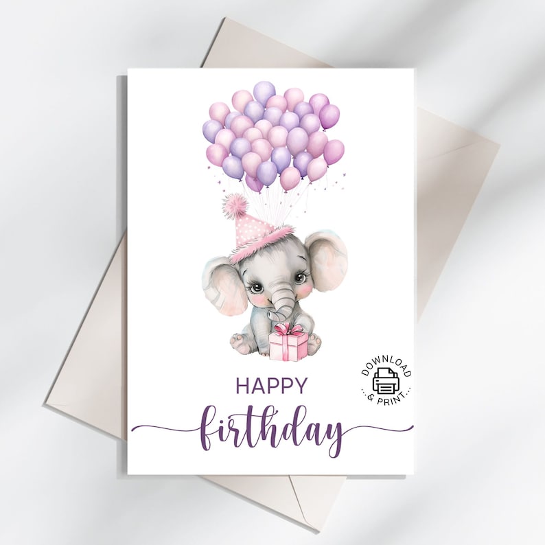 Printable Card, Happy Birthday Card, Pink Baby Elephant Birthday Card ...