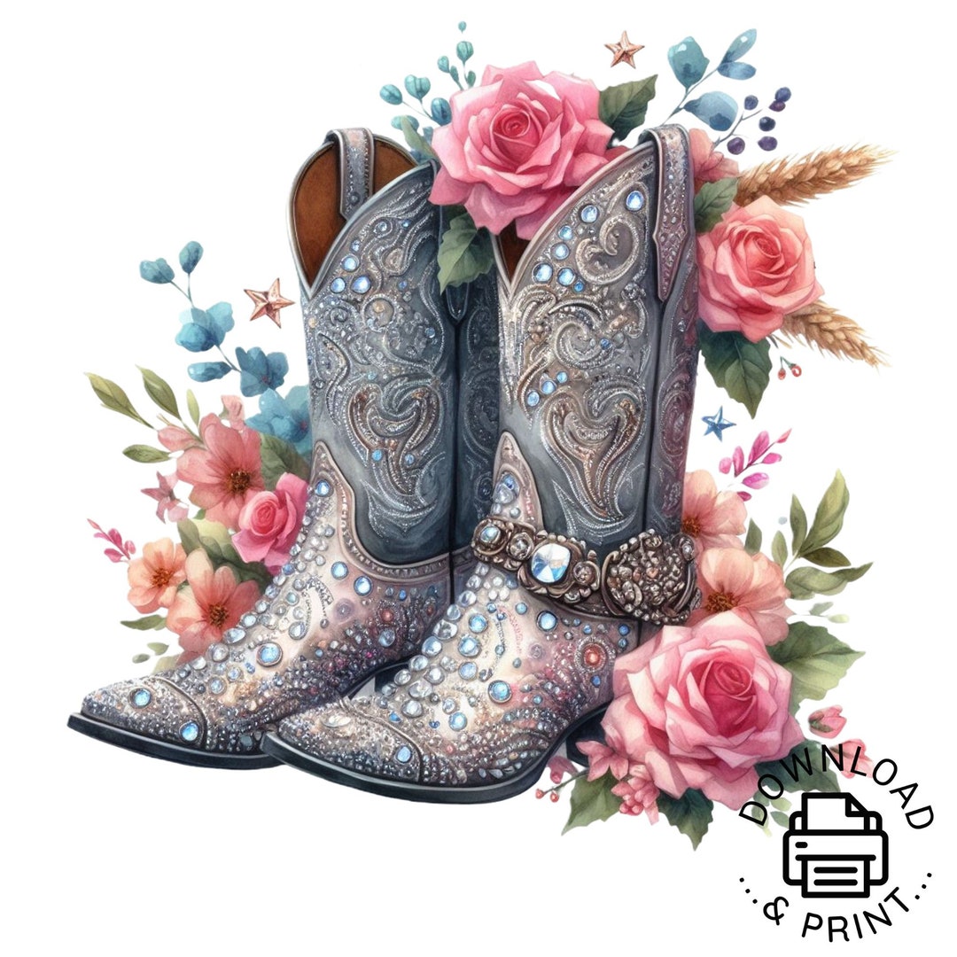 Cowgirl Boots Clipart, Pink Flowers Boots Sublimation Png, Boho Flowers ...