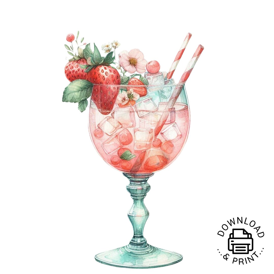 Strawberry Cocktail, Watercolor Cocktail PNG Clipart, Digital Download ...