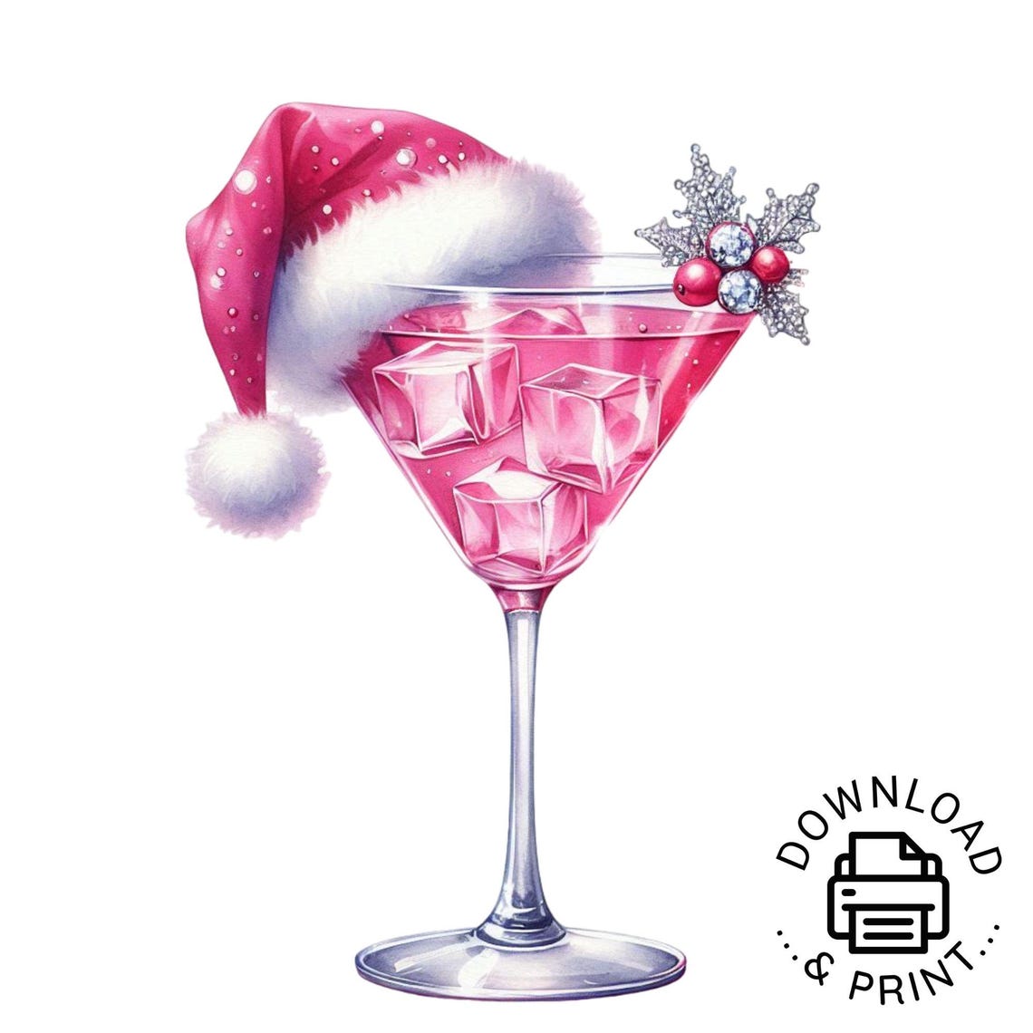 Christmas Martini Clipart, Watercolor Cocktail PNG Graphic, Clipart ...