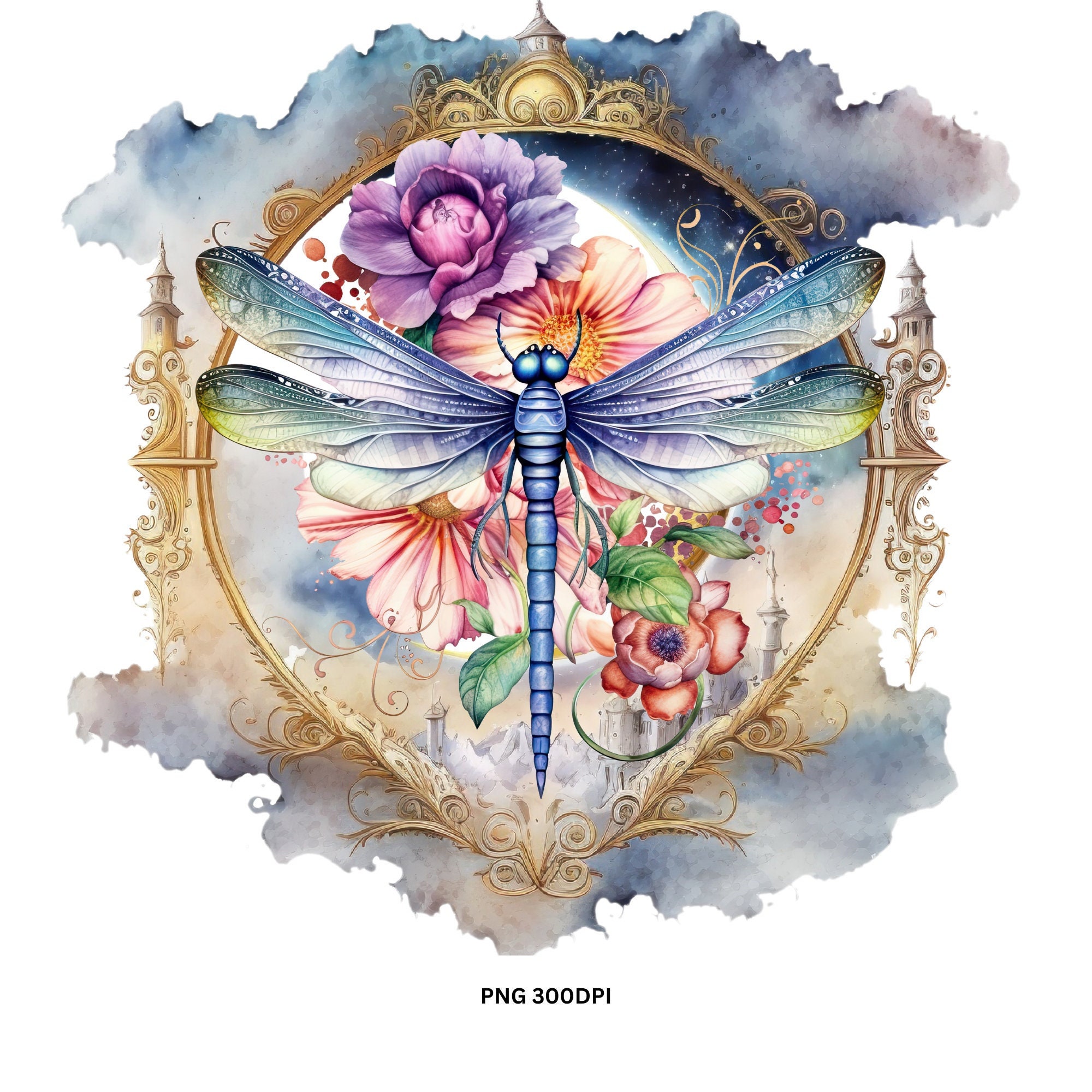 Dragonfly Flowers Cloud Celestial PNG Design Transparent Png - Etsy