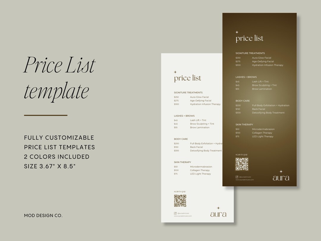 Price List for Estheticians, Editable Beauty Service Pricing Template ...