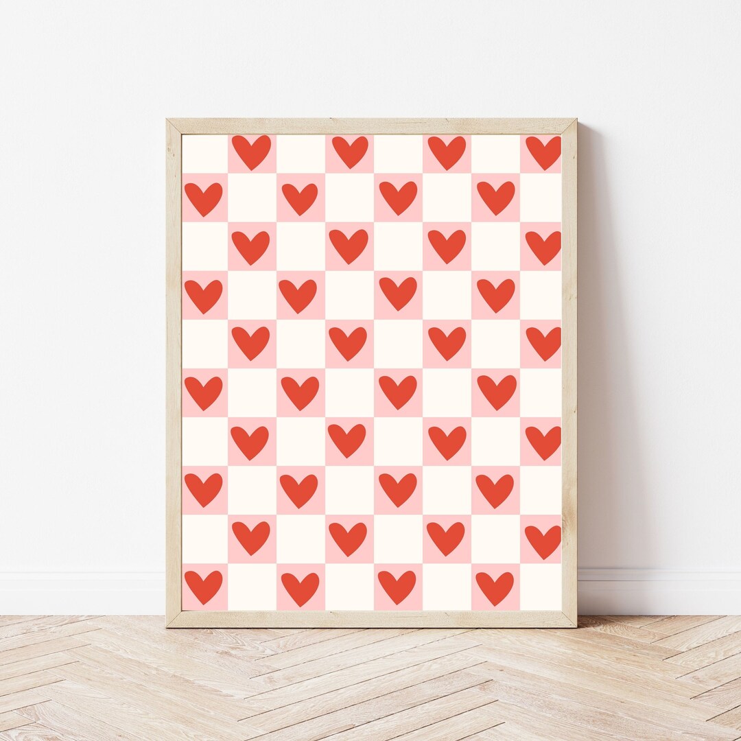 Pink Checkered Print, Red Heart Print, Checkered Print, Valentines Day ...