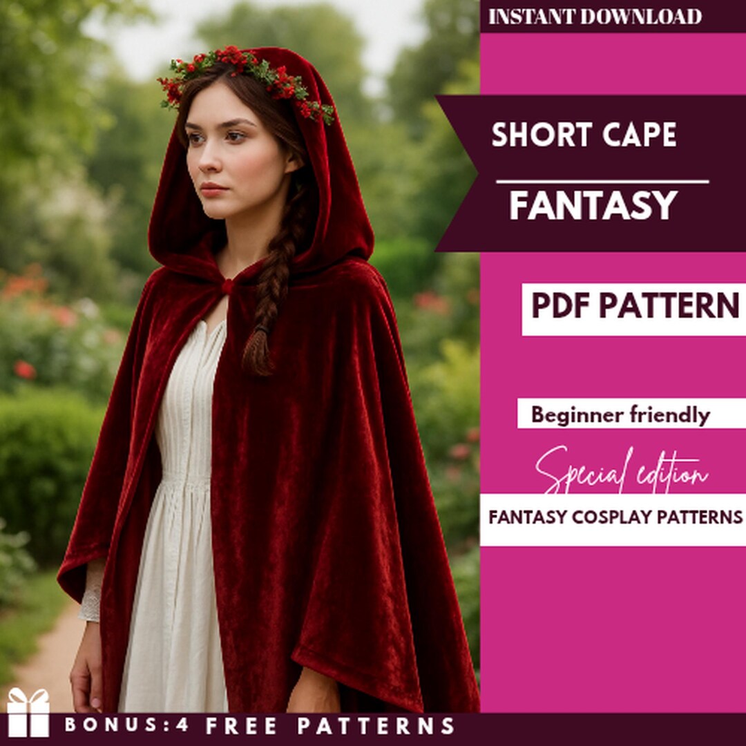 Short Cape Fantasy Pattern PDF – Hooded Cloak Sewing Template for ...